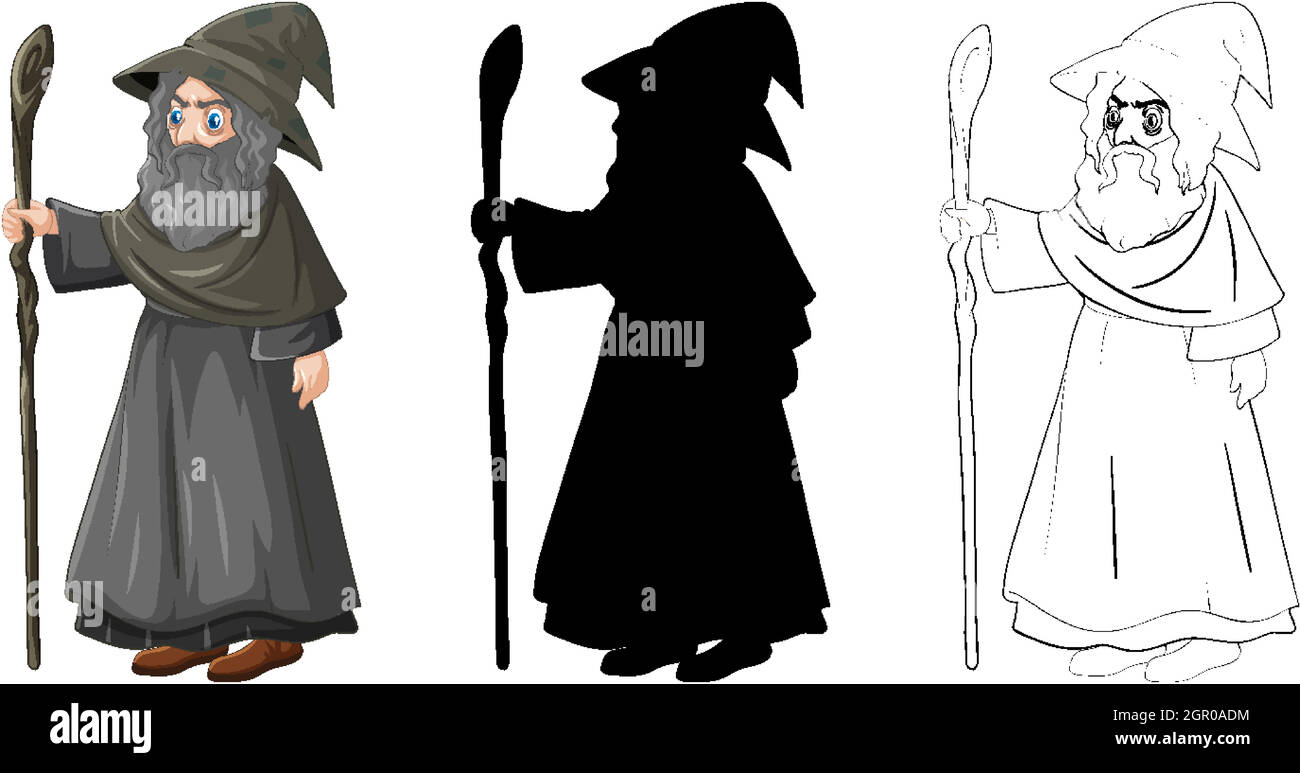 Wizard in color and outline and silhouette cartoon character isolated ...