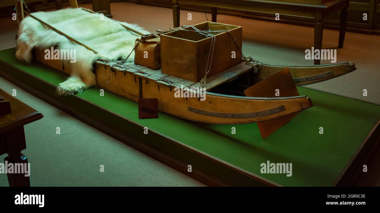Antique wooden sled used to travel the artic. Housed in a museum Stock ...