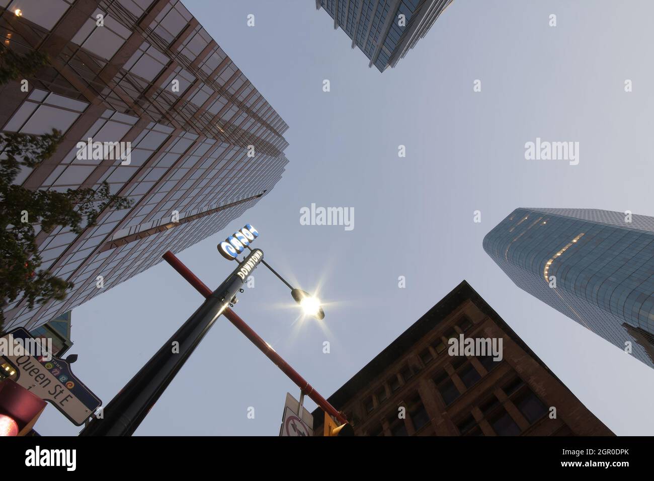 Wide angle close up view on street signs on Yonge downtown, black and ...