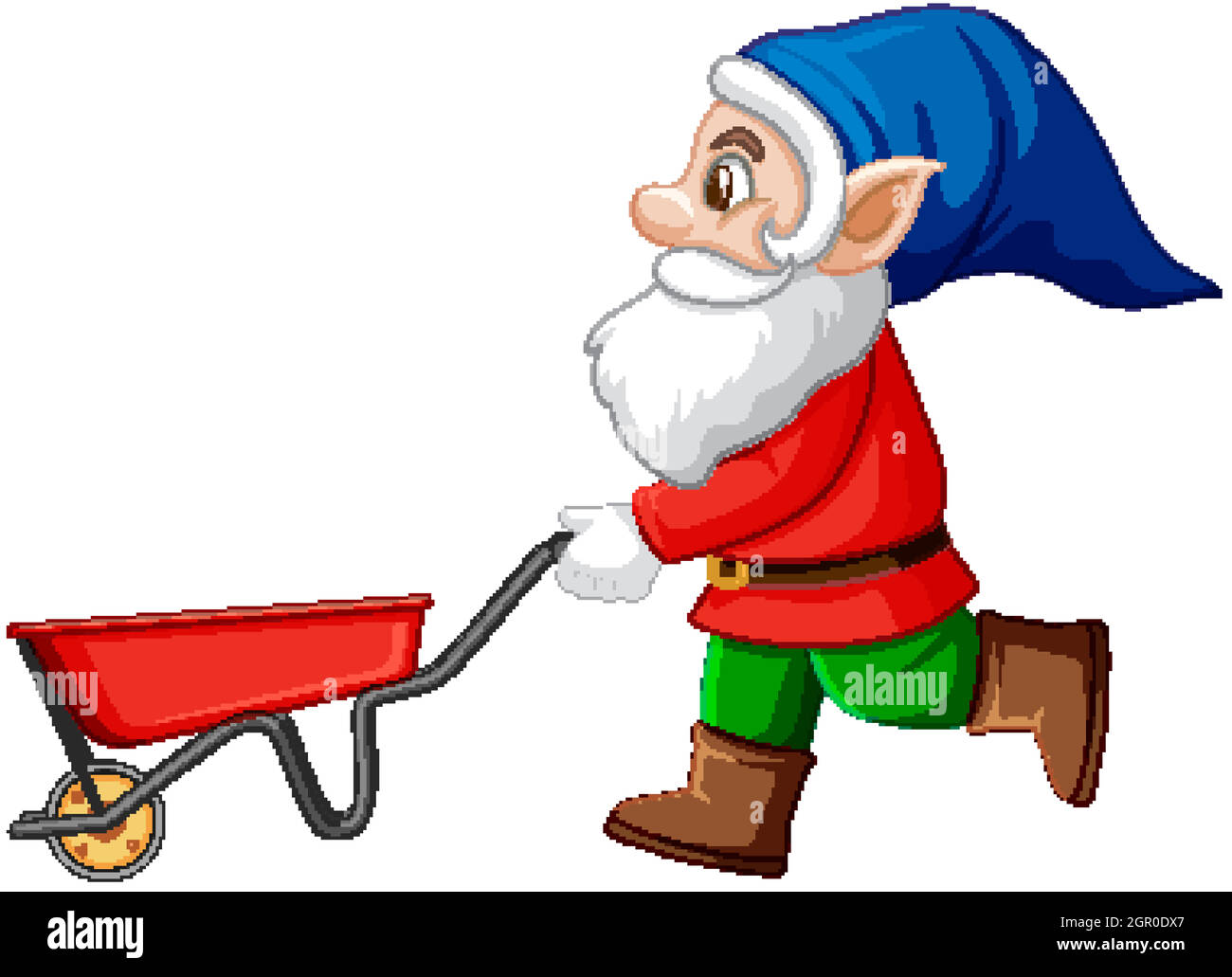 Gnome with red haul cart cartoon character on white background Stock ...