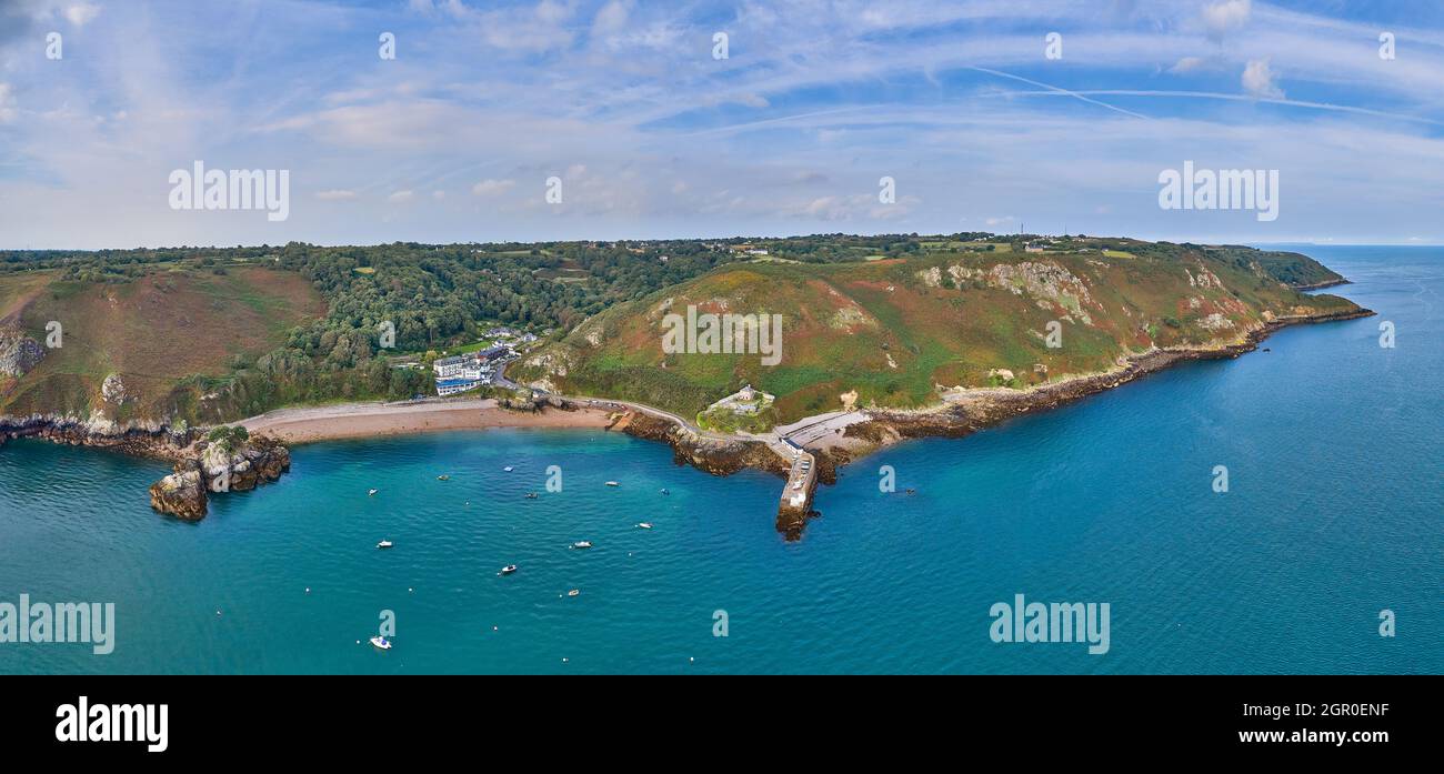 Panoramic aerial drone view of Bouley Bay and adjacent coast line in ...