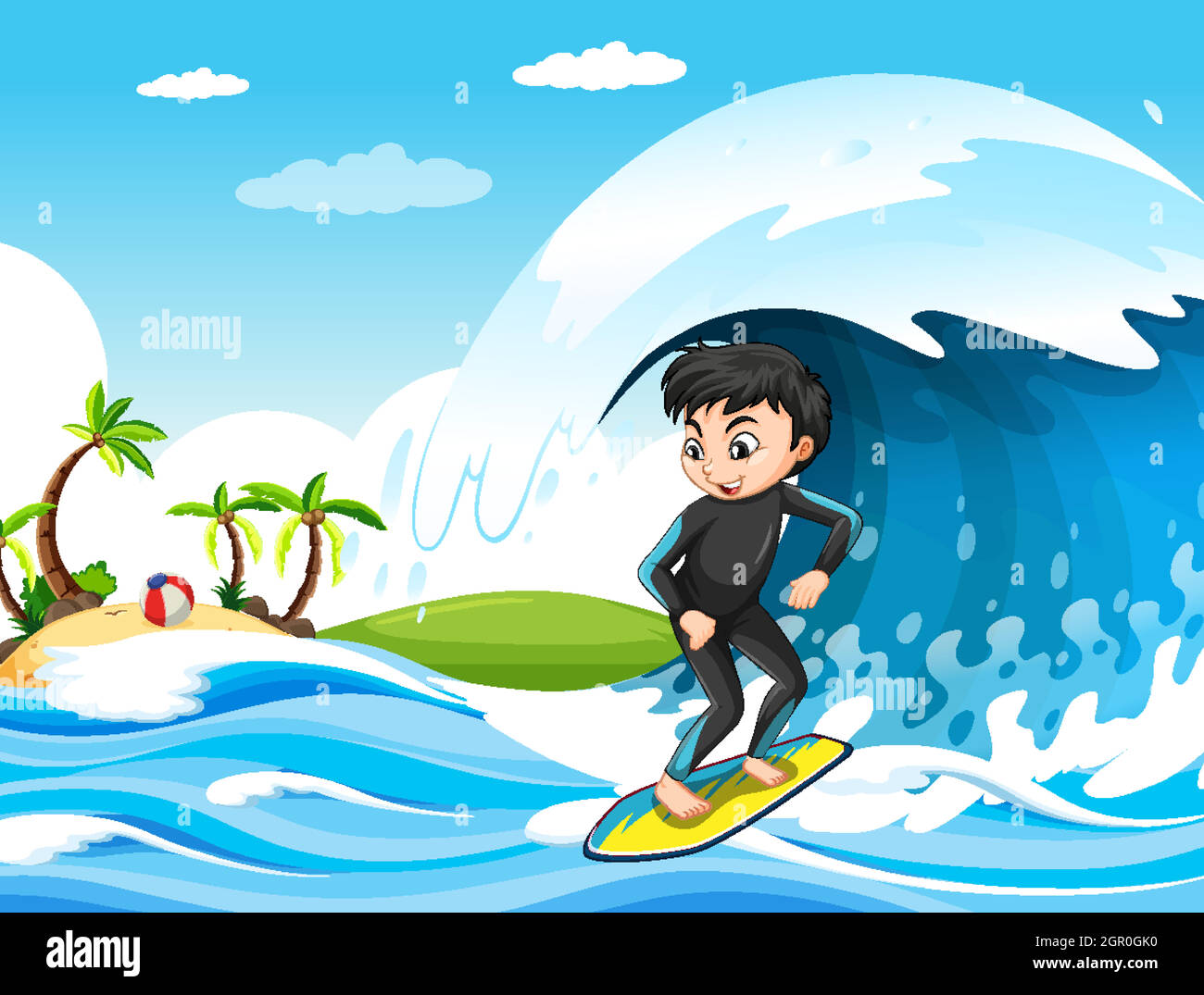 Big wave in the ocean scene with boy standing on a surf board Stock ...