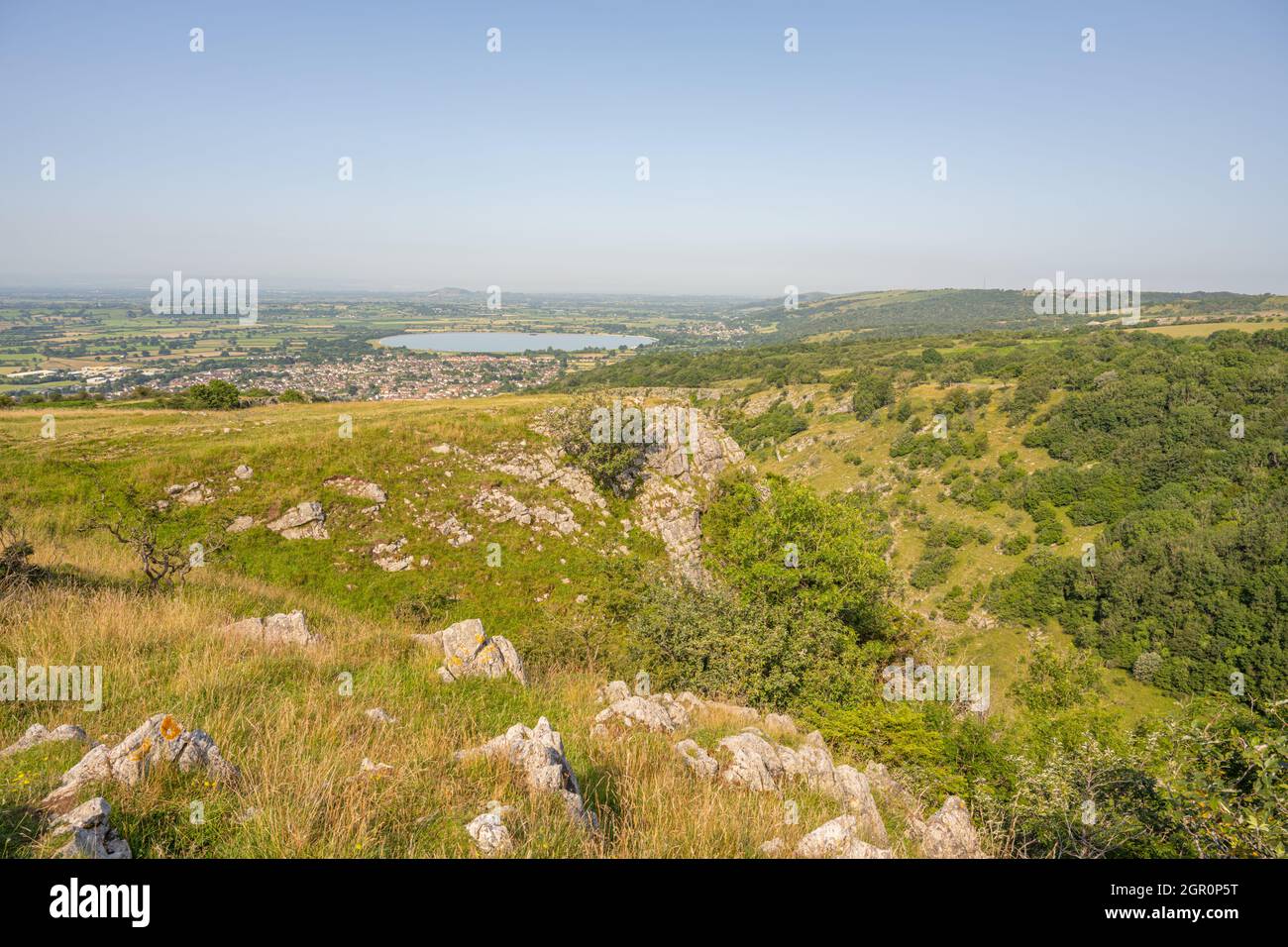 The view from the top of Cheddar Gorge looking towards the village of ...