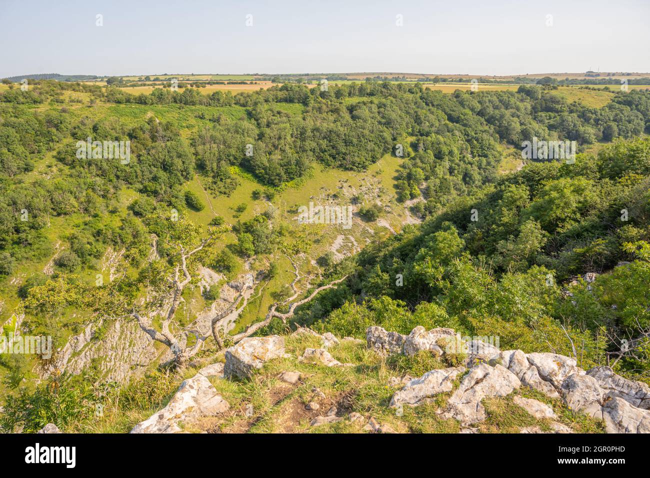 The view from the top of Cheddar Gorge lookinginto the gorge Stock ...