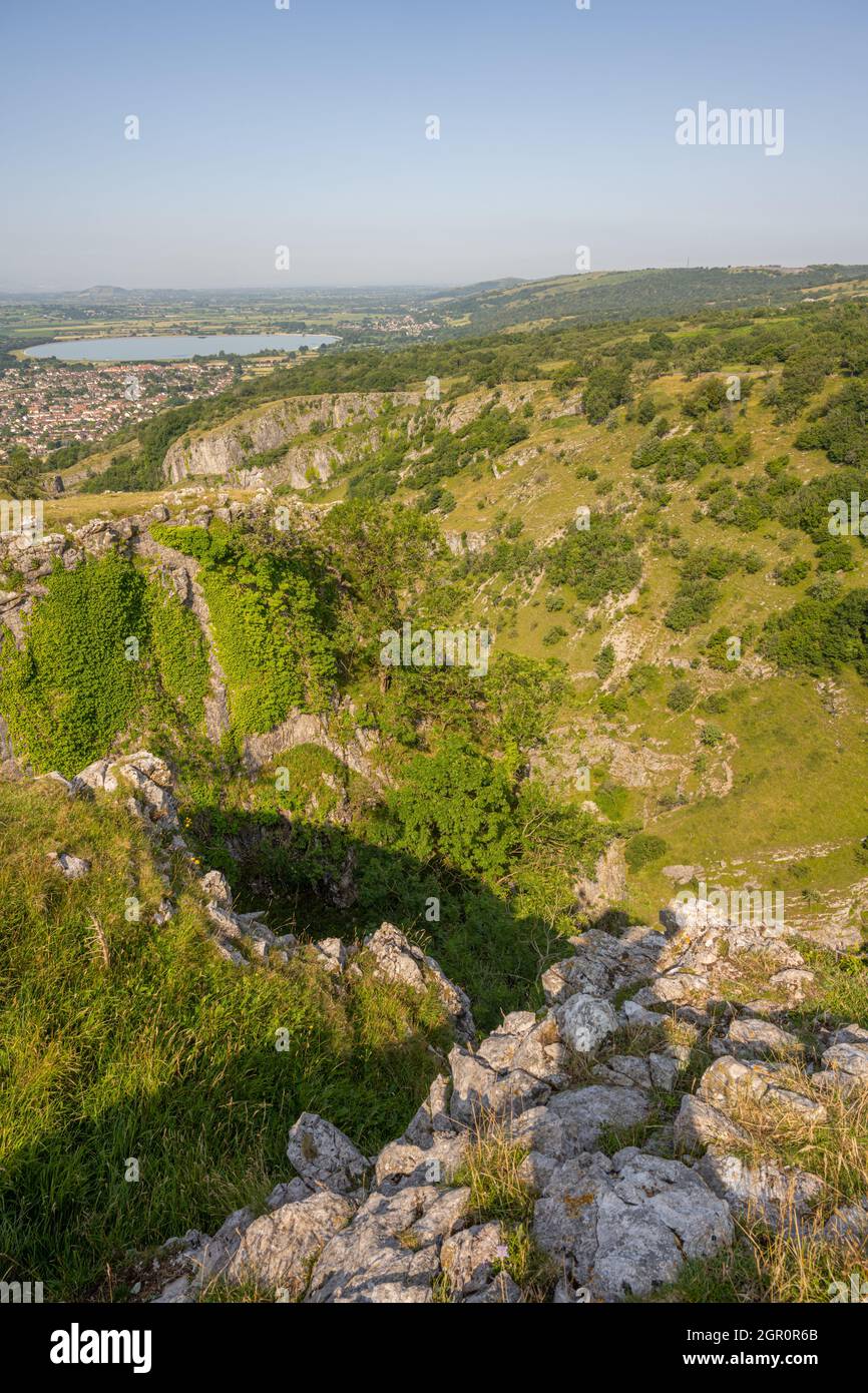 The view from the top of Cheddar Gorge looking towards the village of ...