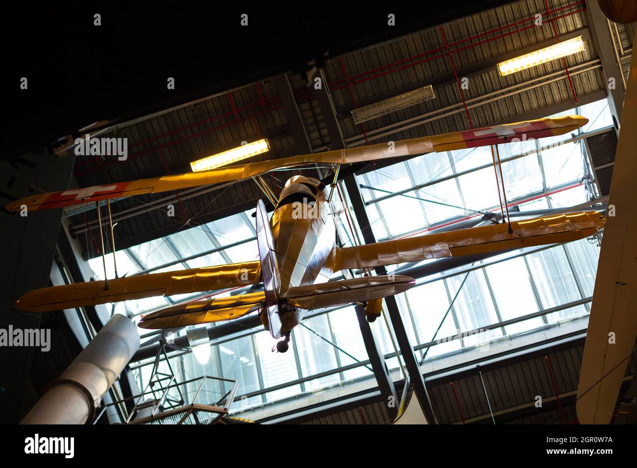 An airplane suspended from the ceiling in the Aircraft Museum Stock ...