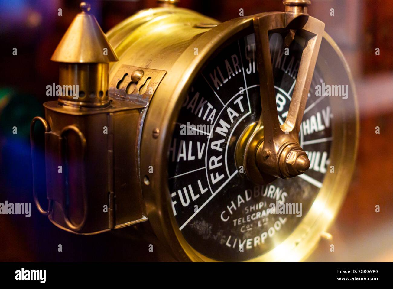 Antique telegraph for sending messages from the ship's bridge to the ...