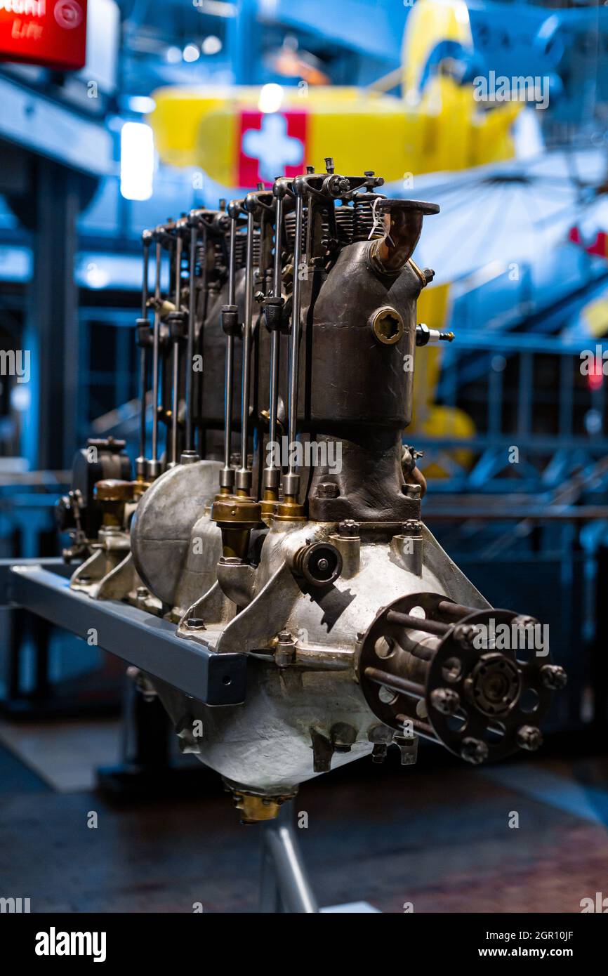 Close-up of a detail of a rare car engine. Metal mechanisms. Automotive ...