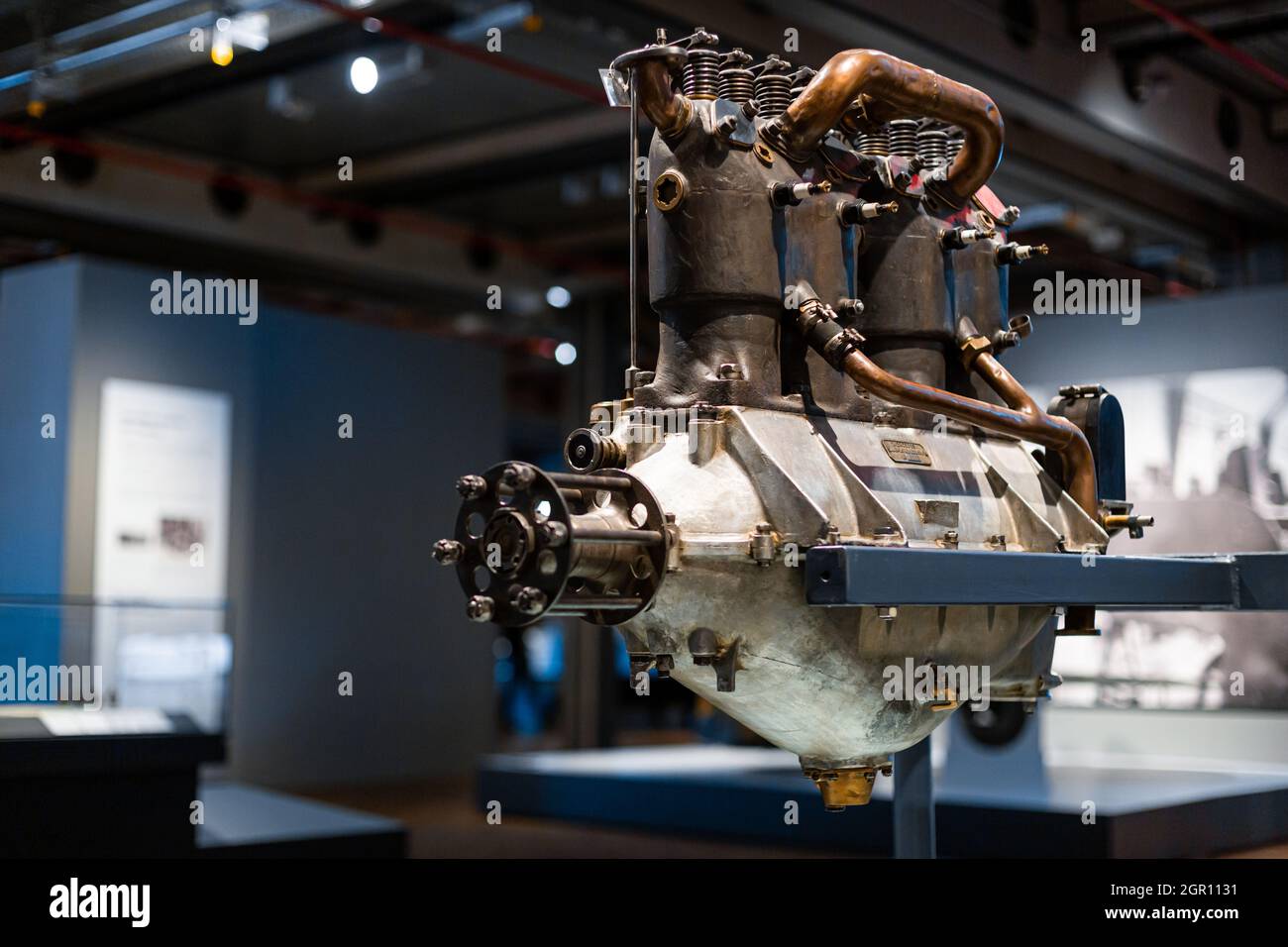 Close-up of a detail of a rare car engine. Metal mechanisms. Automotive ...