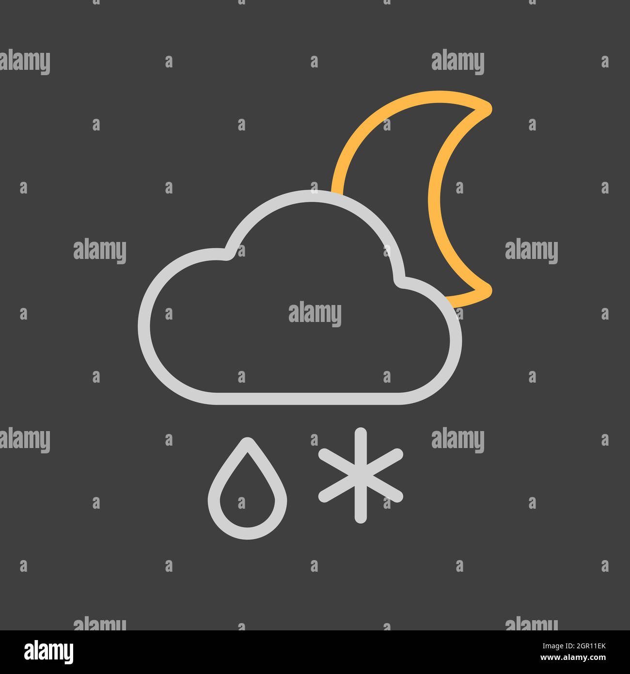Cloud with snow and rain moon icon on dark background. Weather sign ...