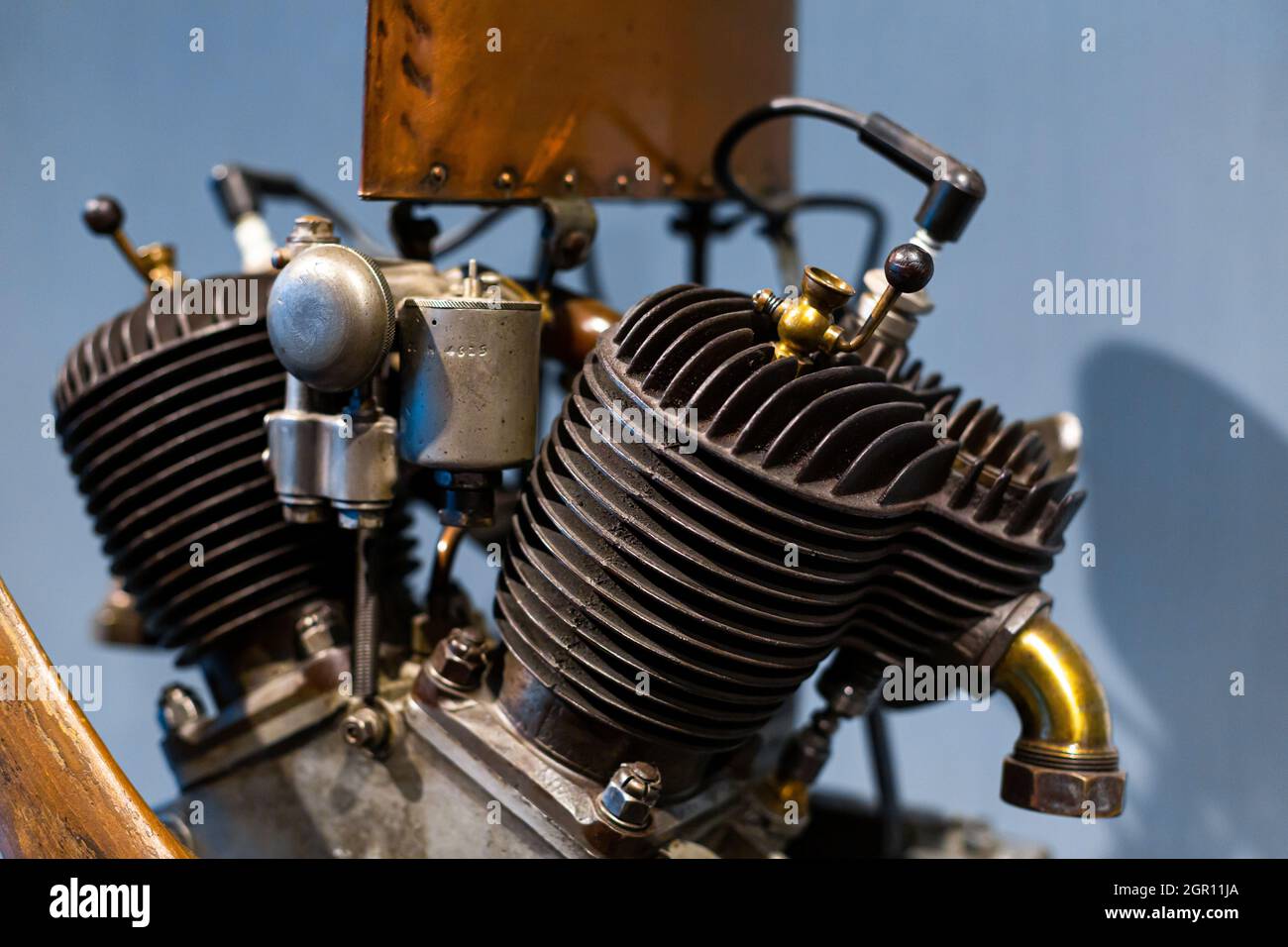 Close-up of a detail of a rare car engine. Metal mechanisms. Automotive ...