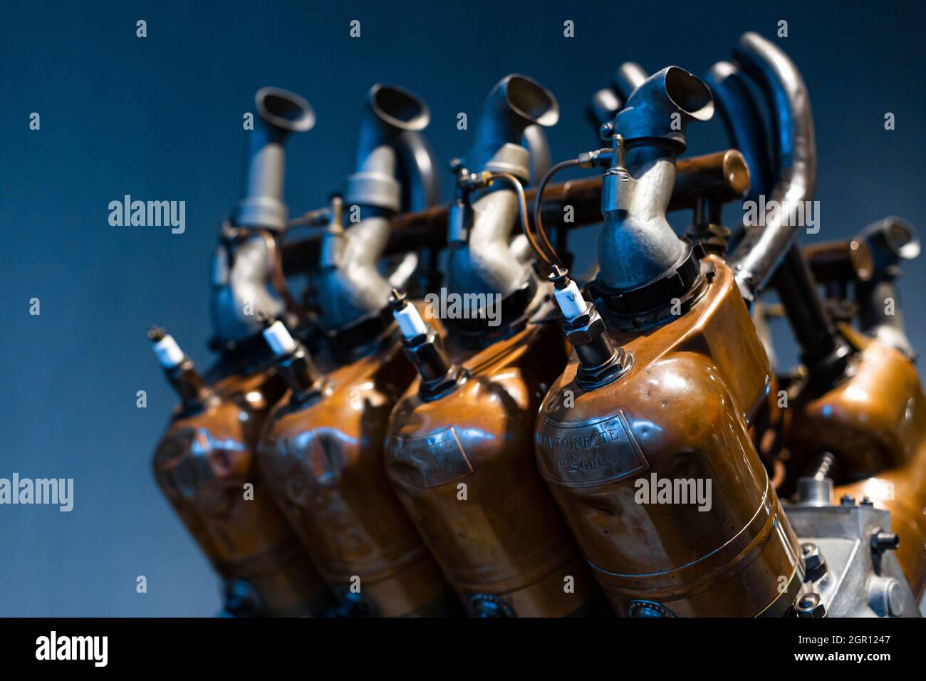 Close-up of a detail of a rare car engine. Metal mechanisms. Automotive ...