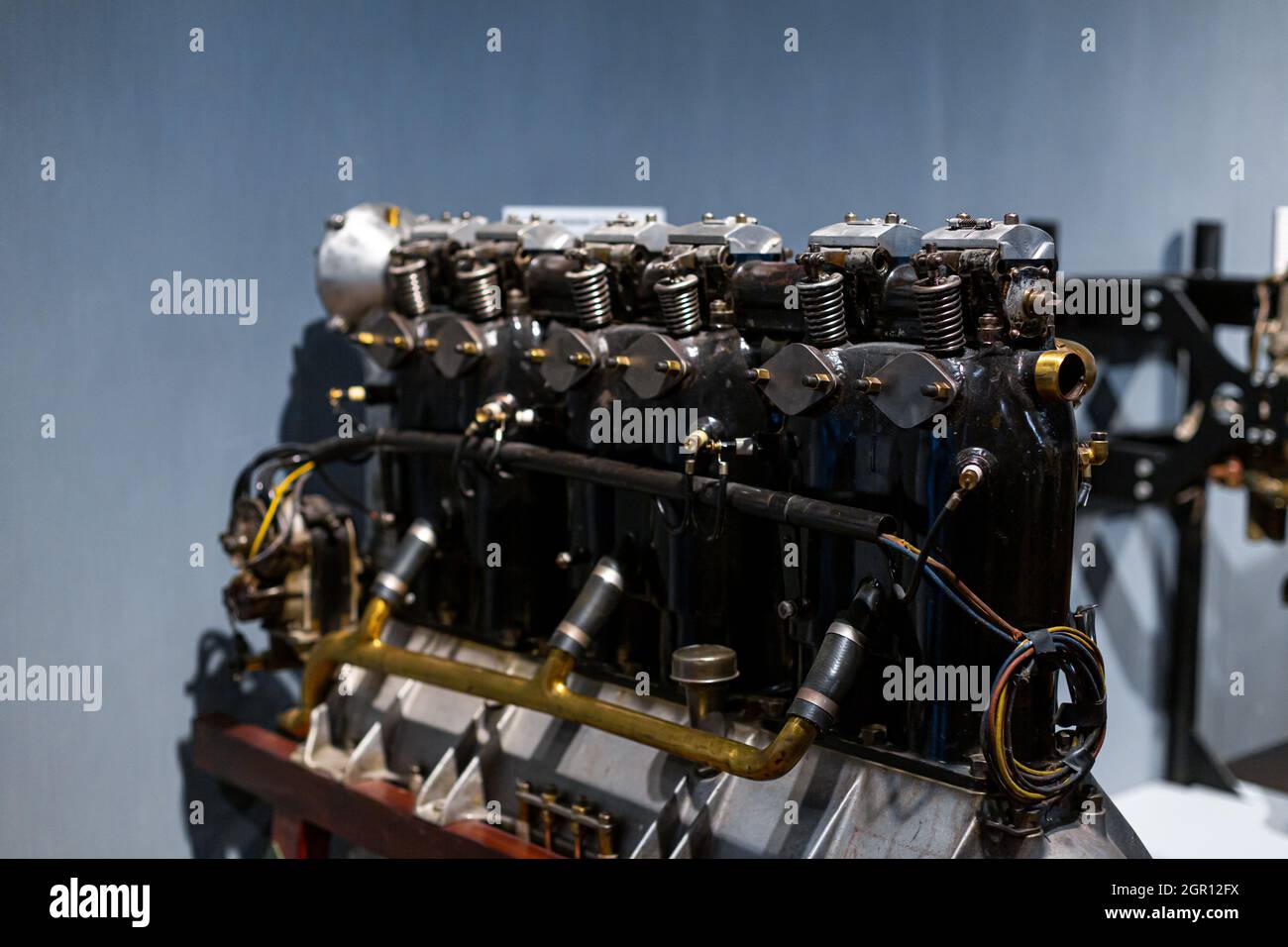 Close-up of a detail of a rare car engine. Metal mechanisms. Automotive ...