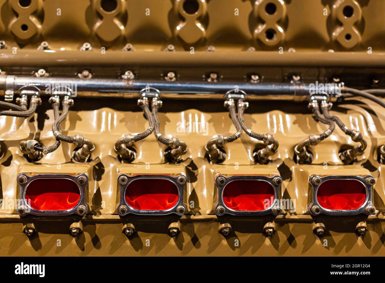 Close-up of a detail of a rare car engine. Metal mechanisms. Automotive ...