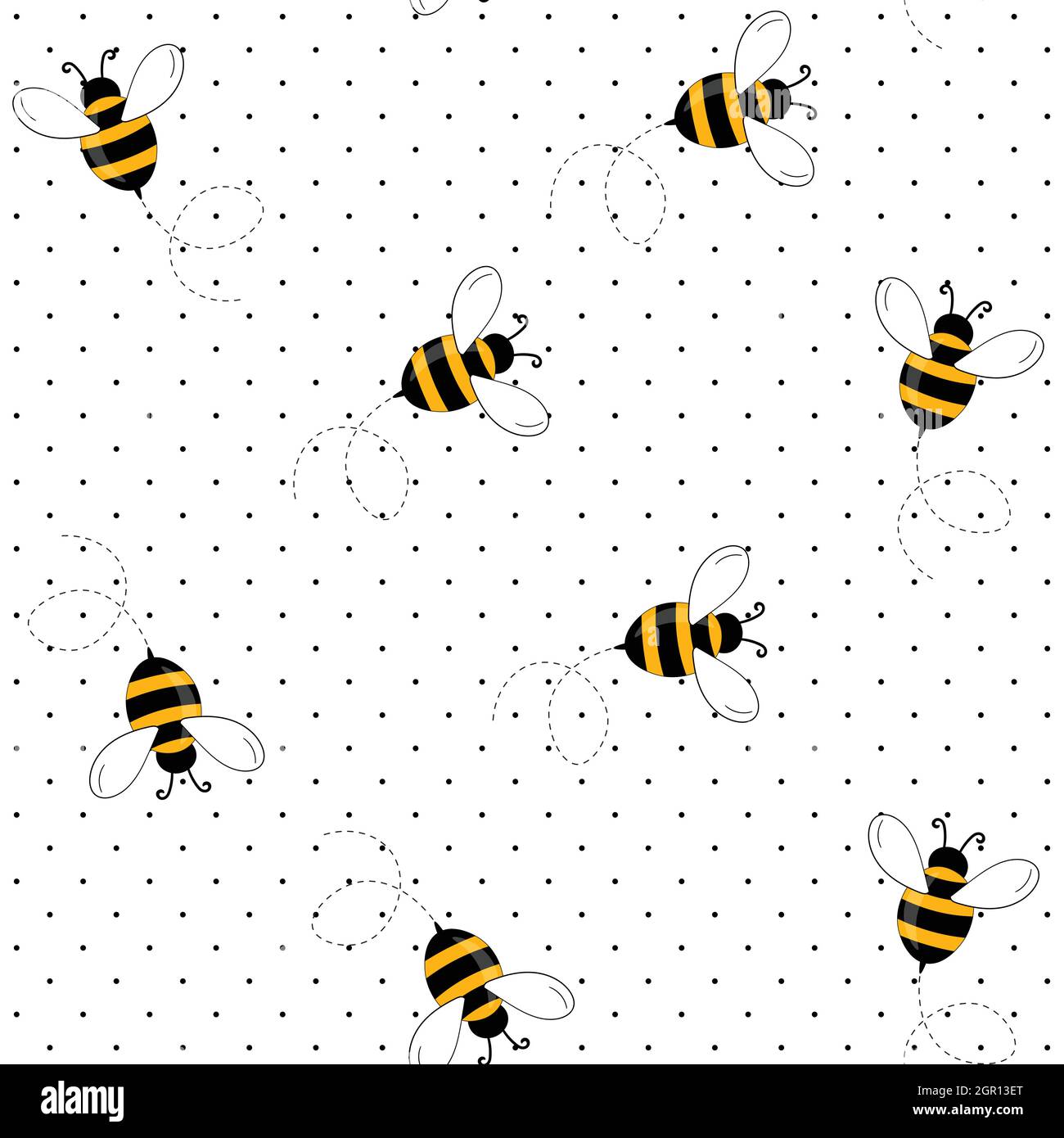 Seamless pattern with bees on white polka dots background. Small wasp ...