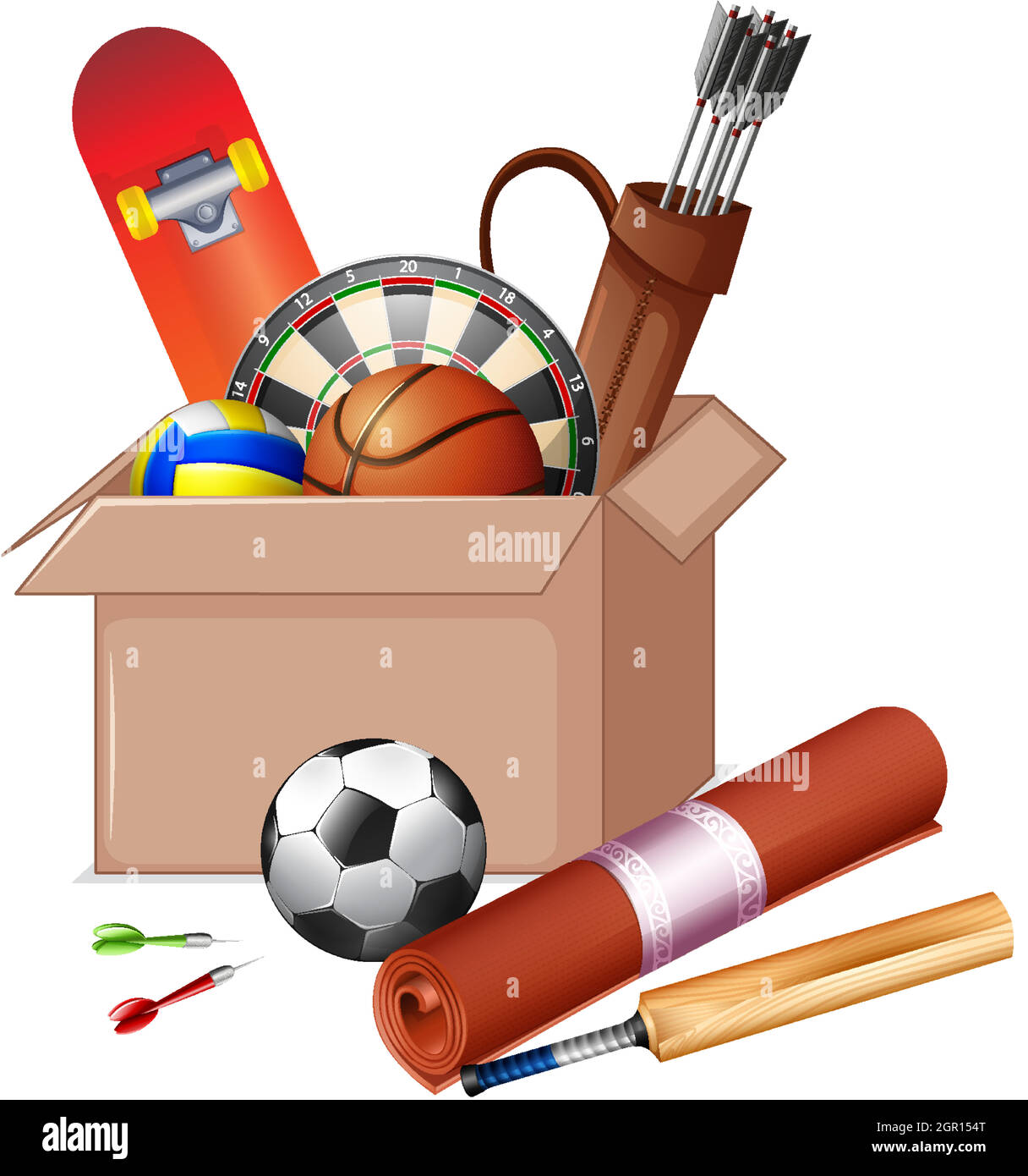 Cardboard box full of sport equipments on white background Stock Vector ...