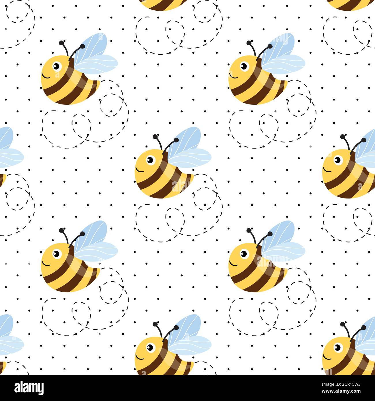 Seamless pattern with bees on white polka dots background. Small wasp ...