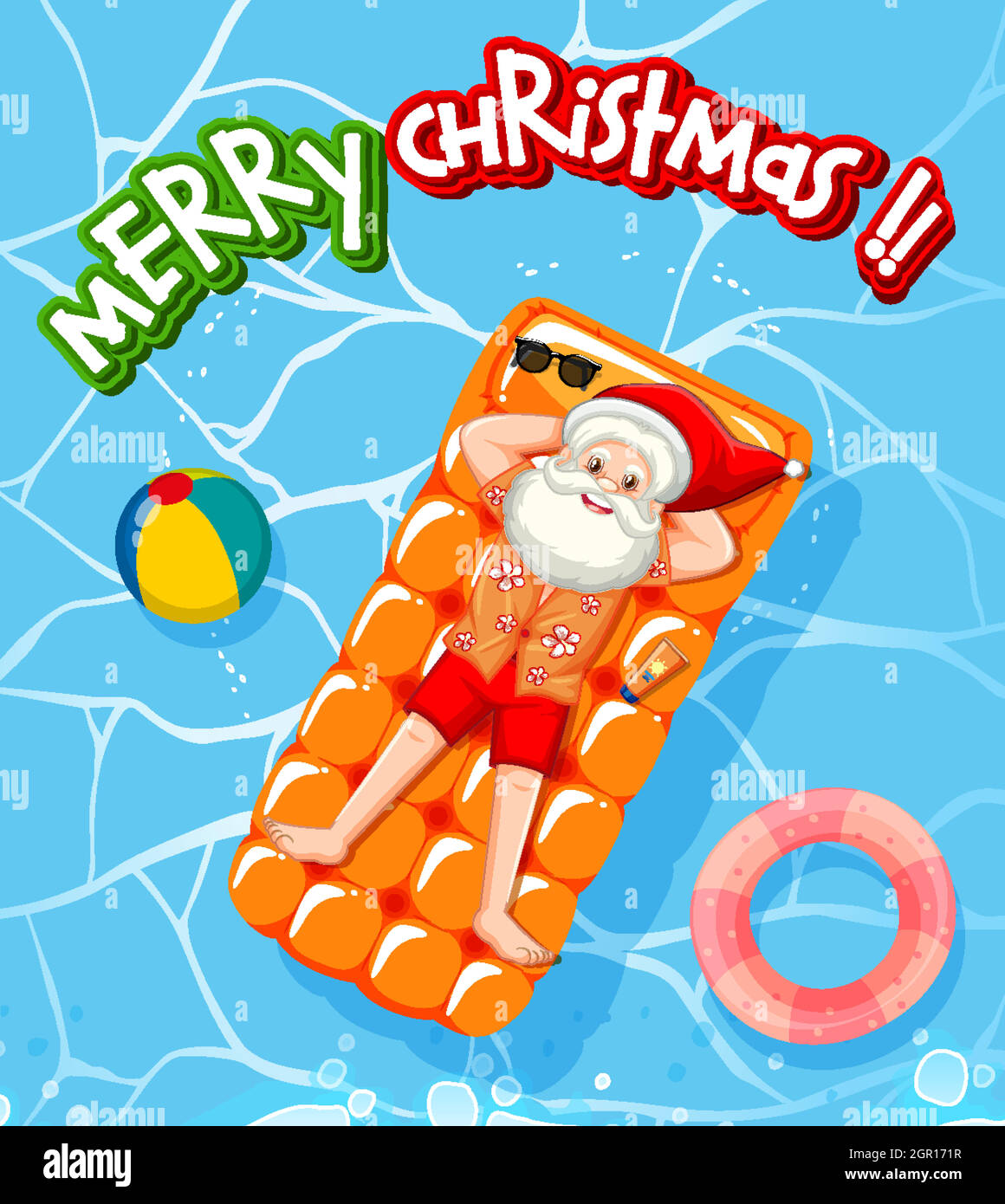 Merry Christmas font with Santa Claus relax in the pool summer theme ...