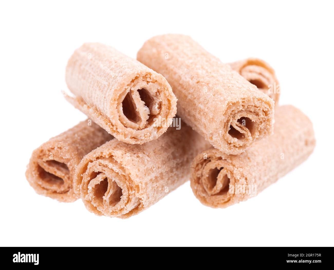 Crispy wafer rolls isolated on white background. Cinnamon flavored ...