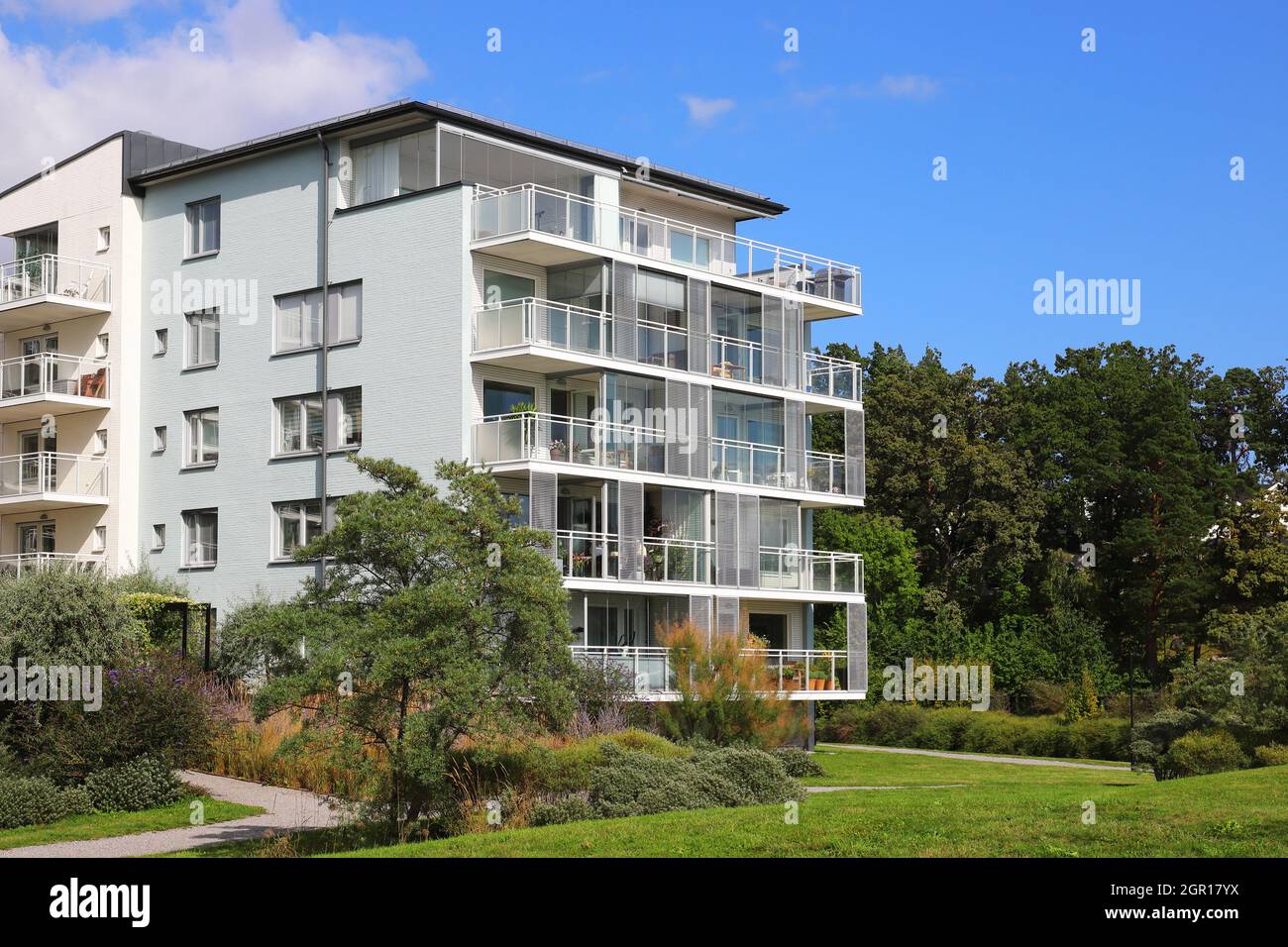 Exterior view of a modern residential apartment building unit ...