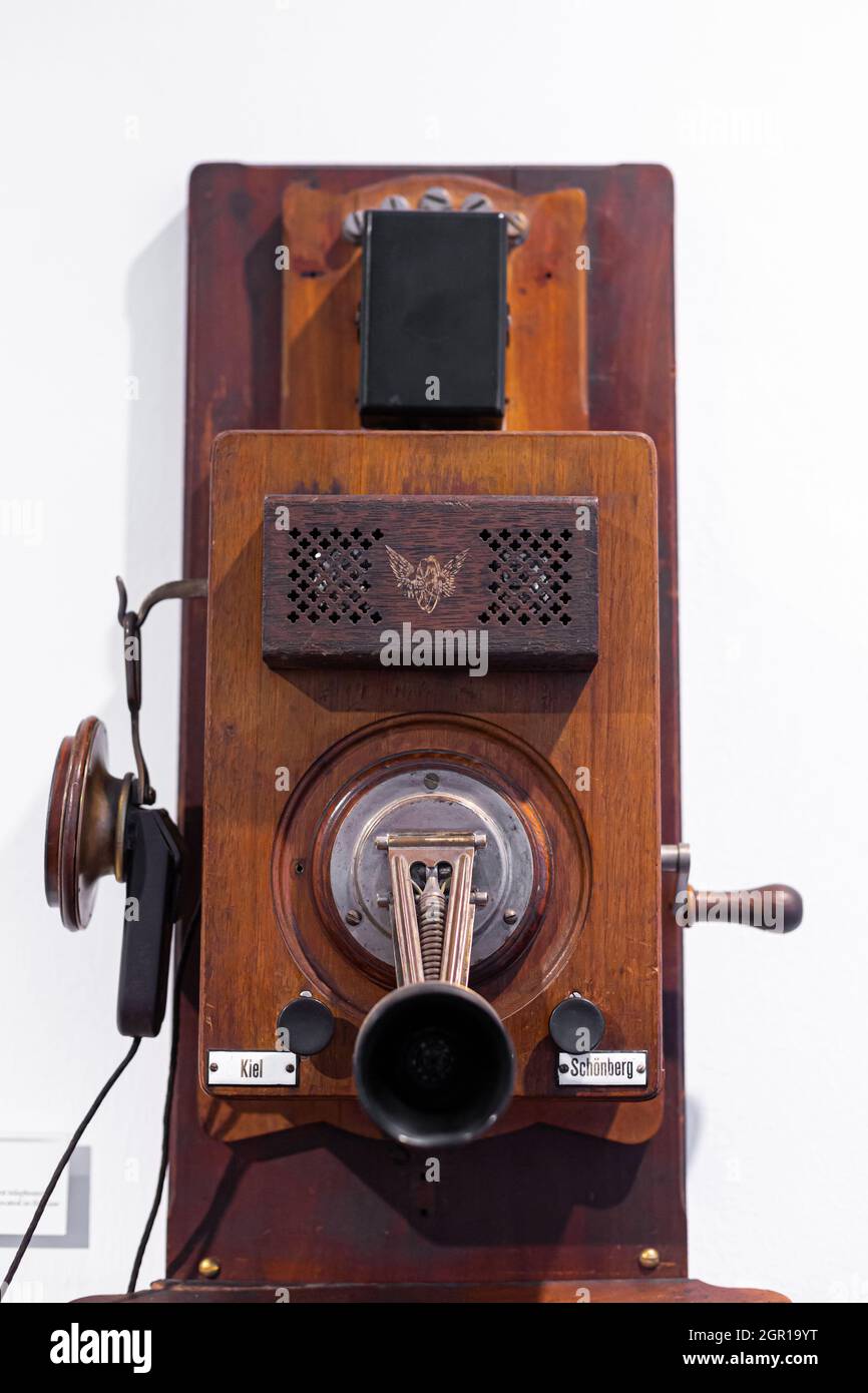Details of the antique telephone set made of wood. Berlin, Germany - 05 ...