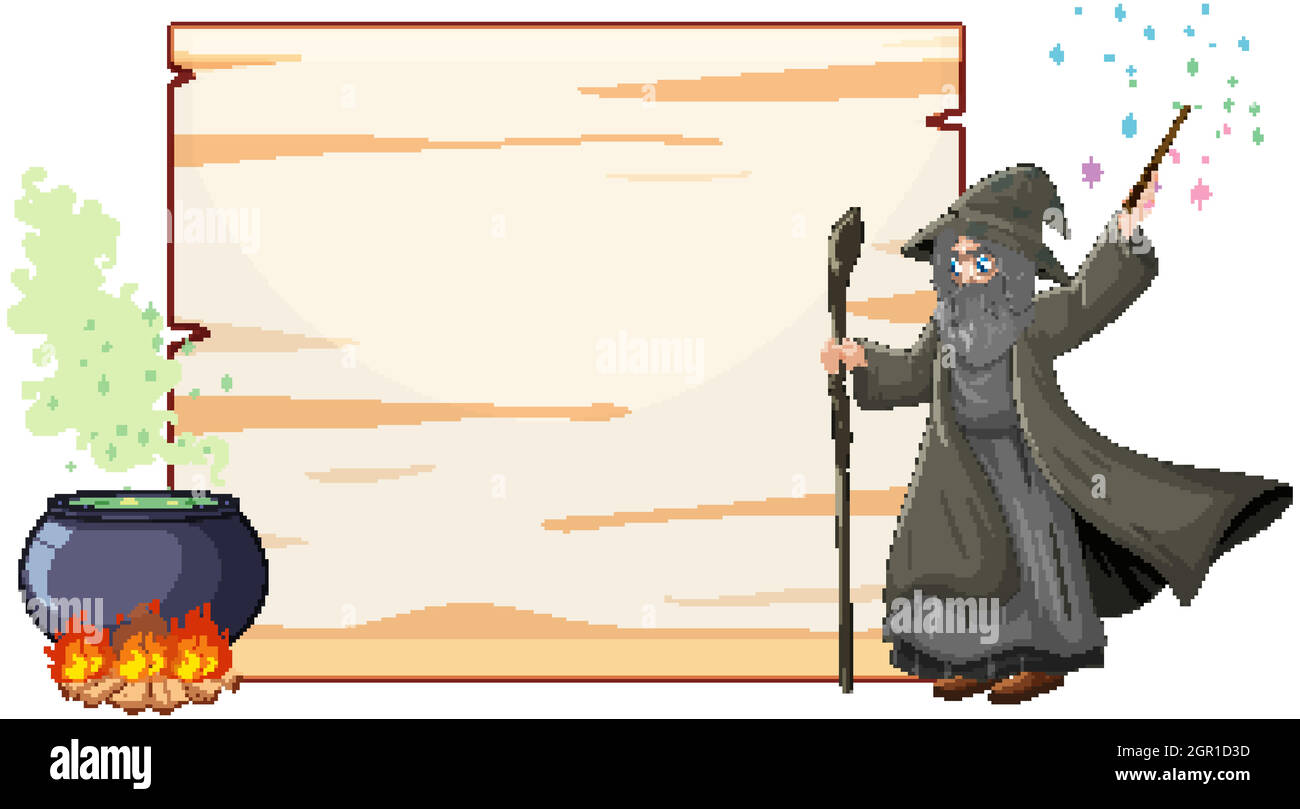 Wizard with black magic pot and wand and blank banner paper cartoon ...