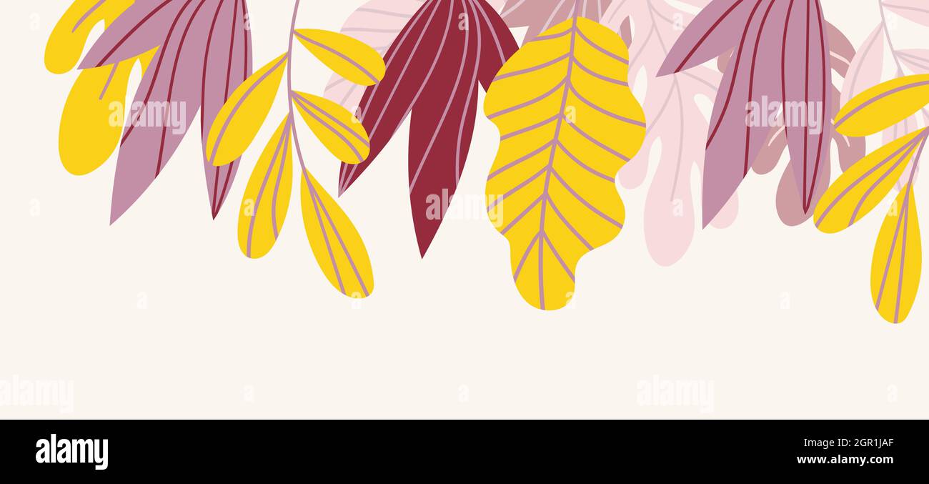 Floral web banner with drawn color exotic leaves. Nature concept design ...