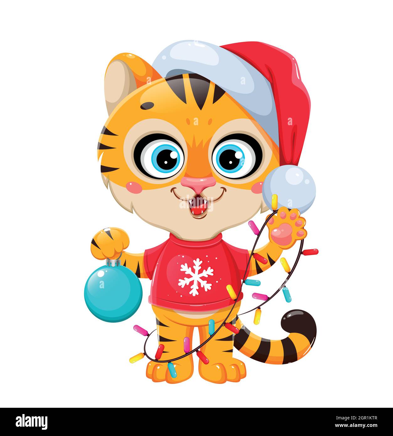 Merry Christmas. Cute cartoon character tiger in Santa hat holding ...