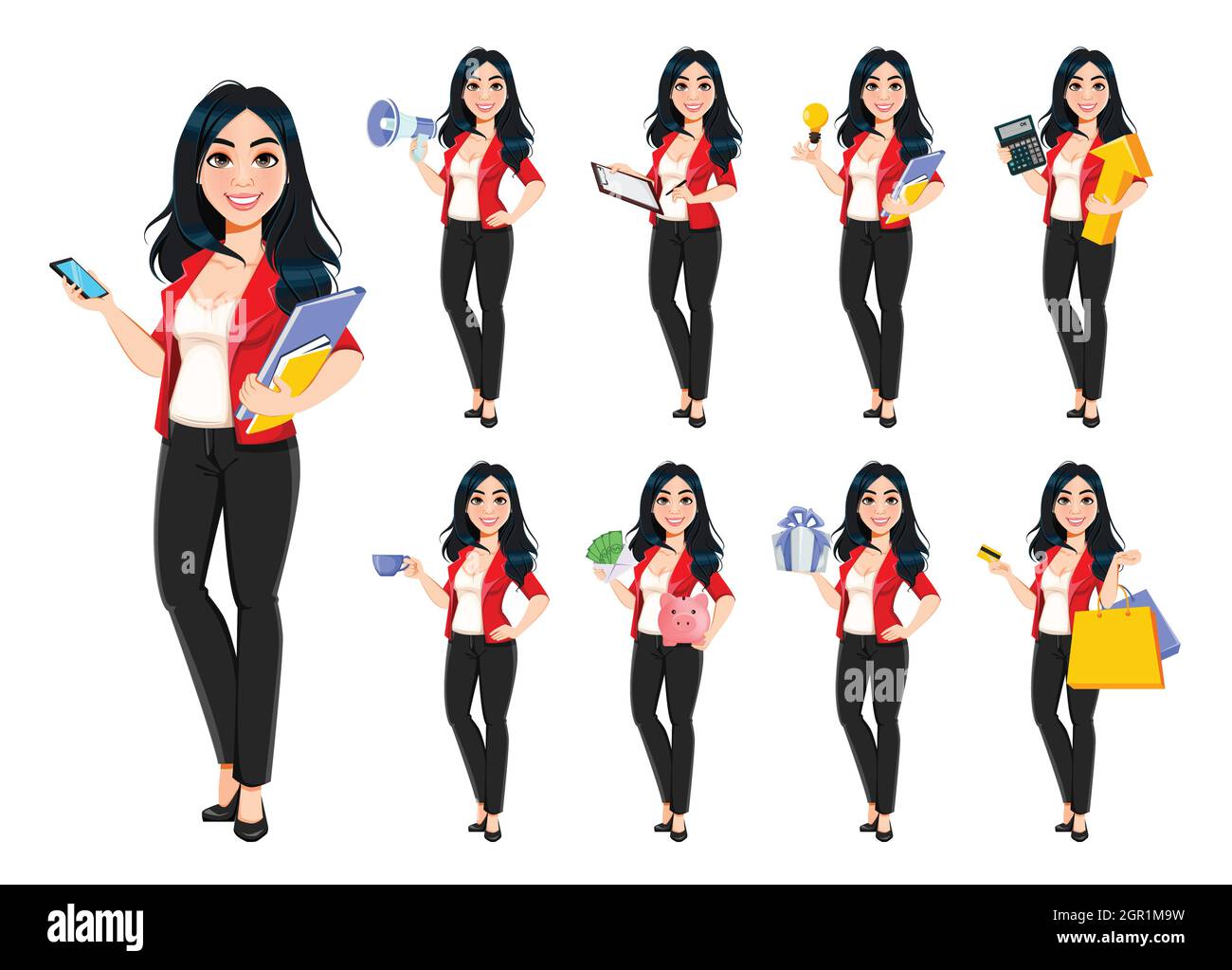 Business woman, manager, banker, beautiful successful girl, set of nine ...
