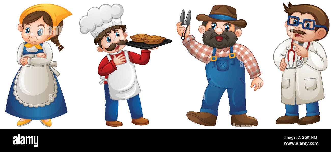 Set of cartoon character in different job isolated on white background ...