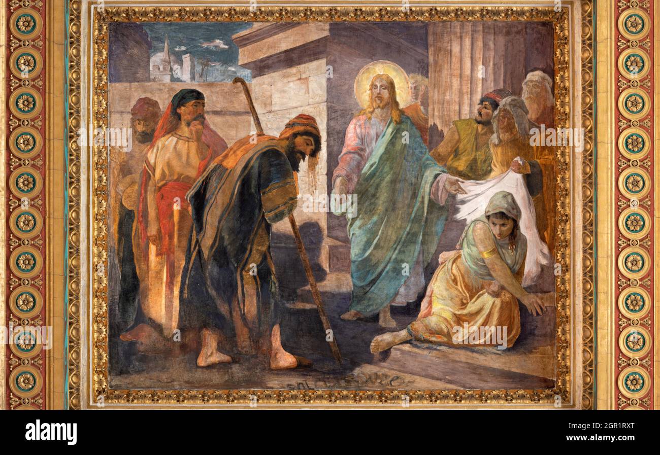 ROME, ITALY - AUGUST 31, 2021: The ceiling fresco Jesus and sinfull ...