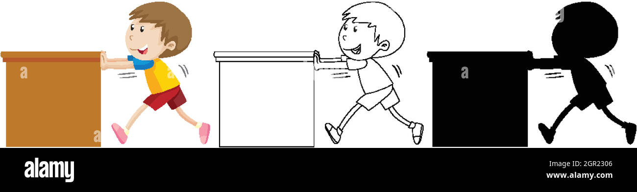 Boy pushing the table in color and in outline and silhouette Stock ...