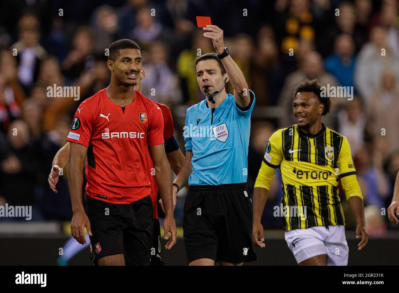 ARNHEM, NETHERLANDS - SEPTEMBER 30: Loic Bade of Stade Rennais receives ...