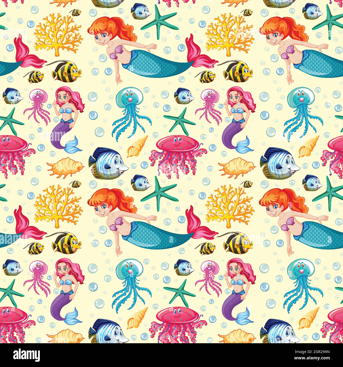 Seamless mermaid and sea animal cartoon style on yellow background ...