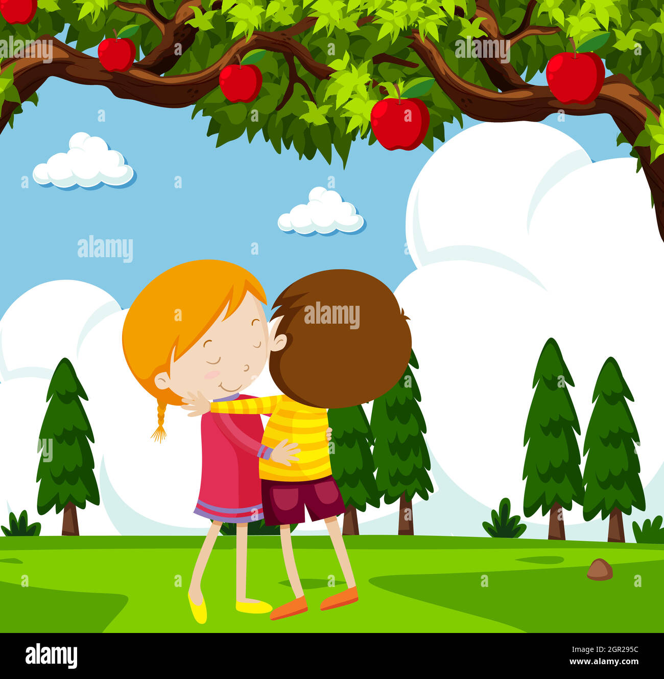 Boy and girl hugging under apple tree Stock Vector Image & Art - Alamy
