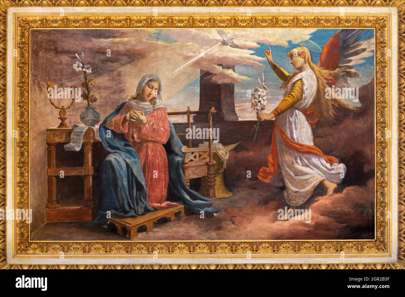 ROME, ITALY - AUGUST 31, 2021: The ceiling fresco of Annunciation in ...