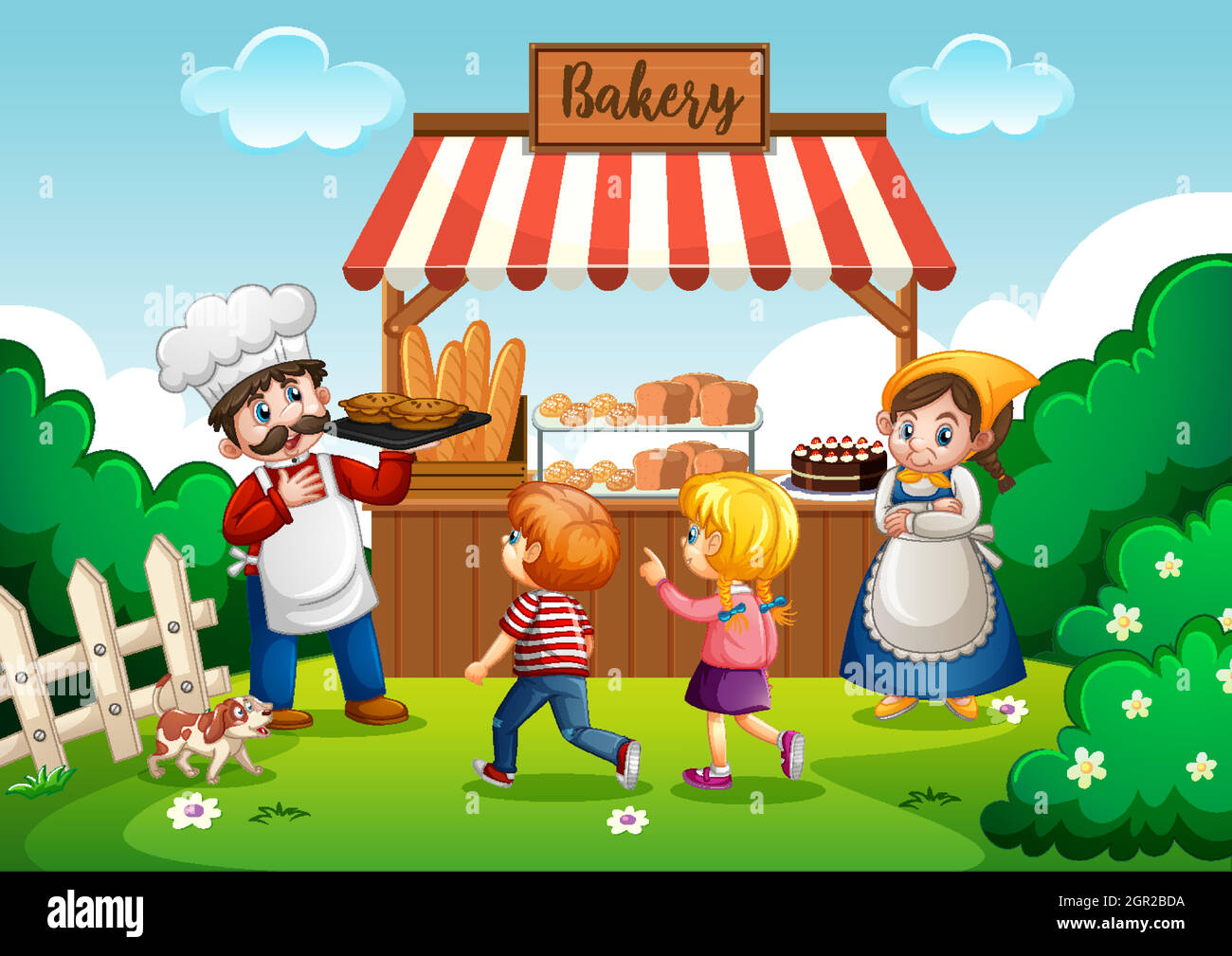 Front of bakery shop with baker in the park scene Stock Vector Image ...