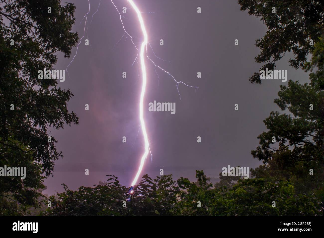 Close Lightning Bolt Striking Down During Thunderstorm Stock Photo - Alamy