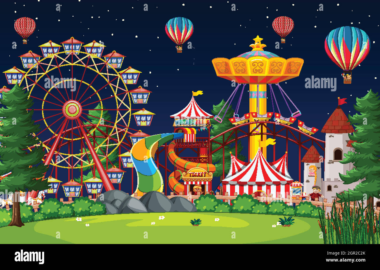 Amusement park scene at night with balloons in the sky Stock Vector ...