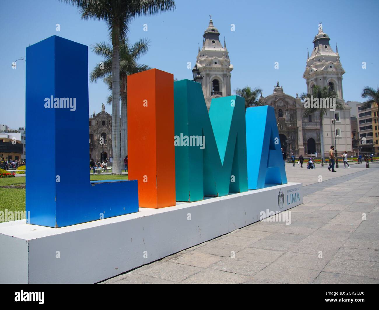 Colorful Lima sign in the middle of the city Main Square with the ...