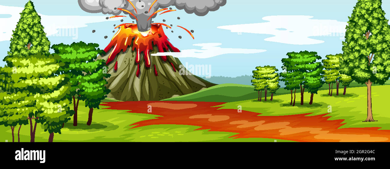 Volcano eruption in nature forest scene at daytime Stock Vector Image ...