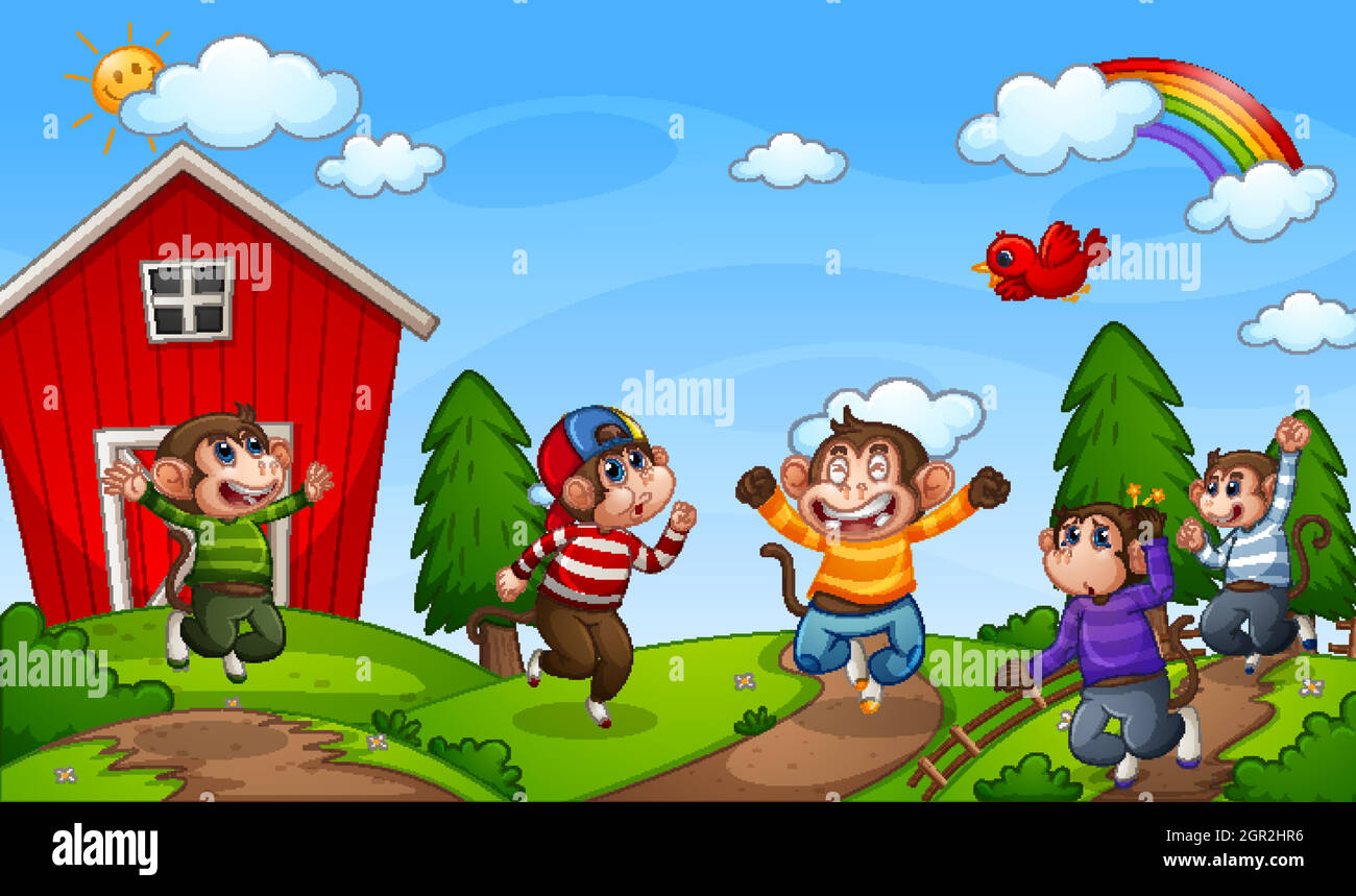 Five little monkeys jumping in the farm scene Stock Vector Image & Art ...