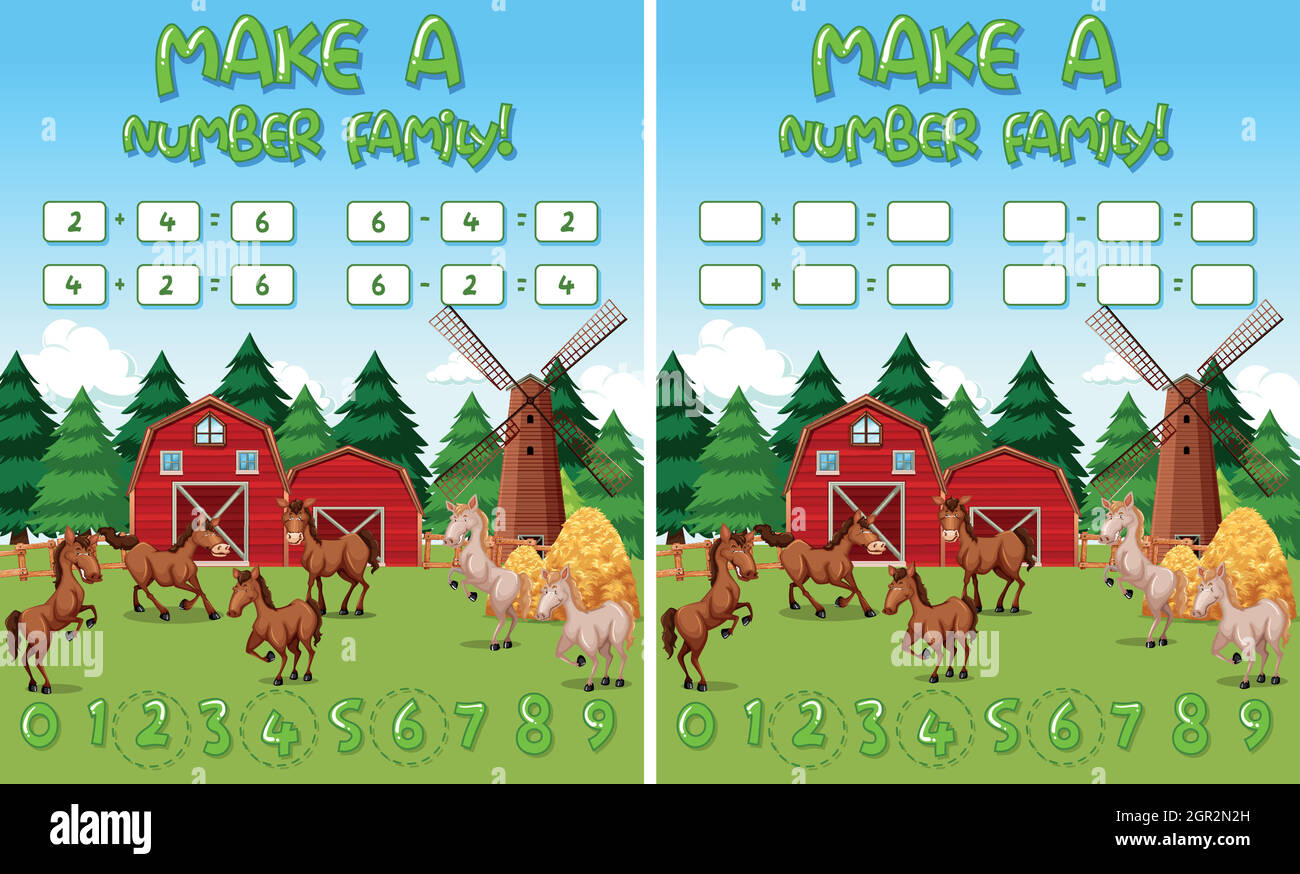 Farm math game template with horses and farm objects Stock Vector Image ...