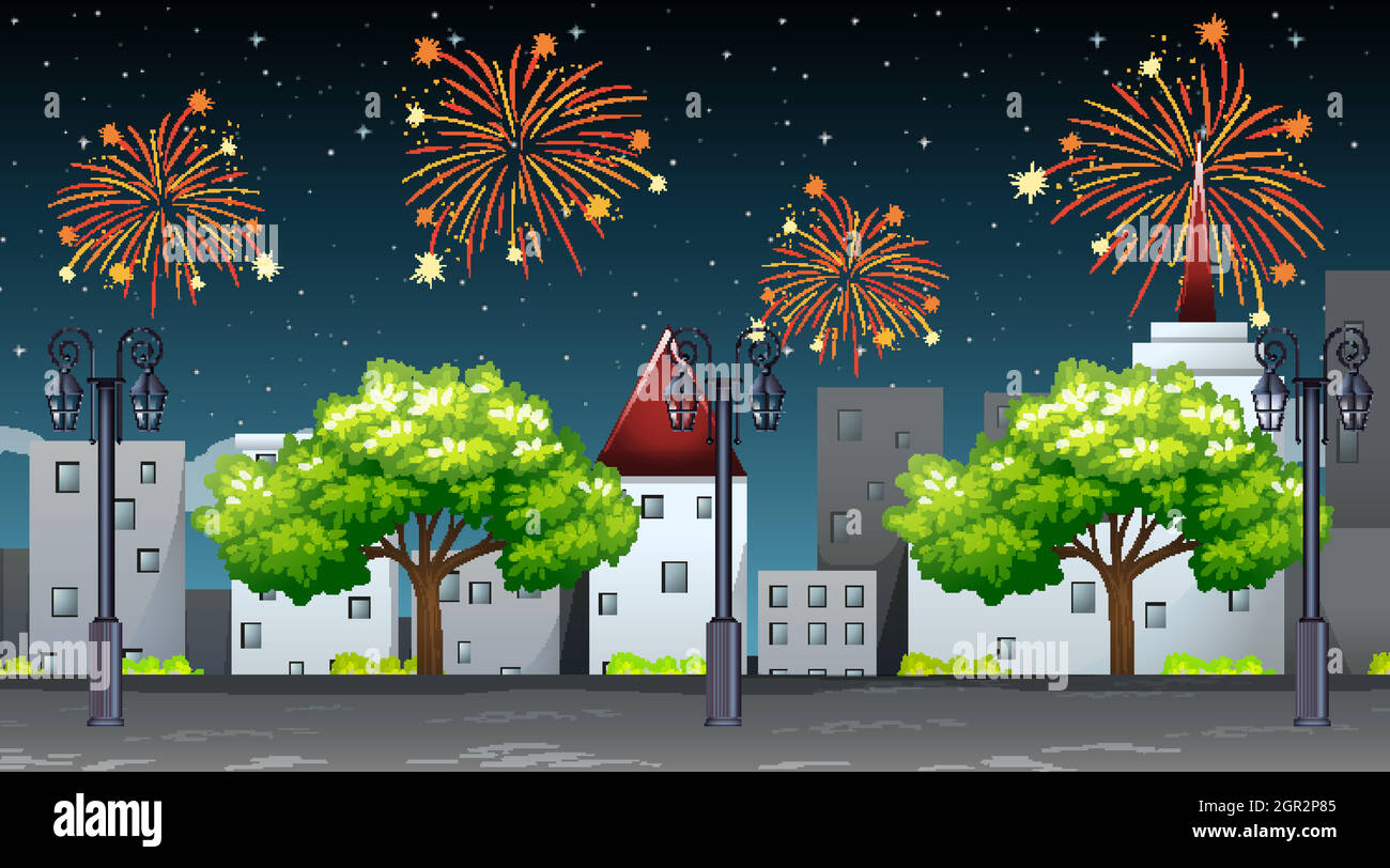 Cityscape with celebration fireworks scene Stock Vector Image & Art - Alamy