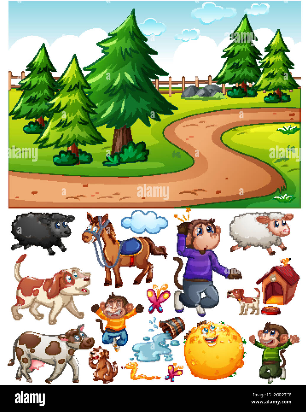 Blank nature scene with isolated cartoon character and objects Stock ...
