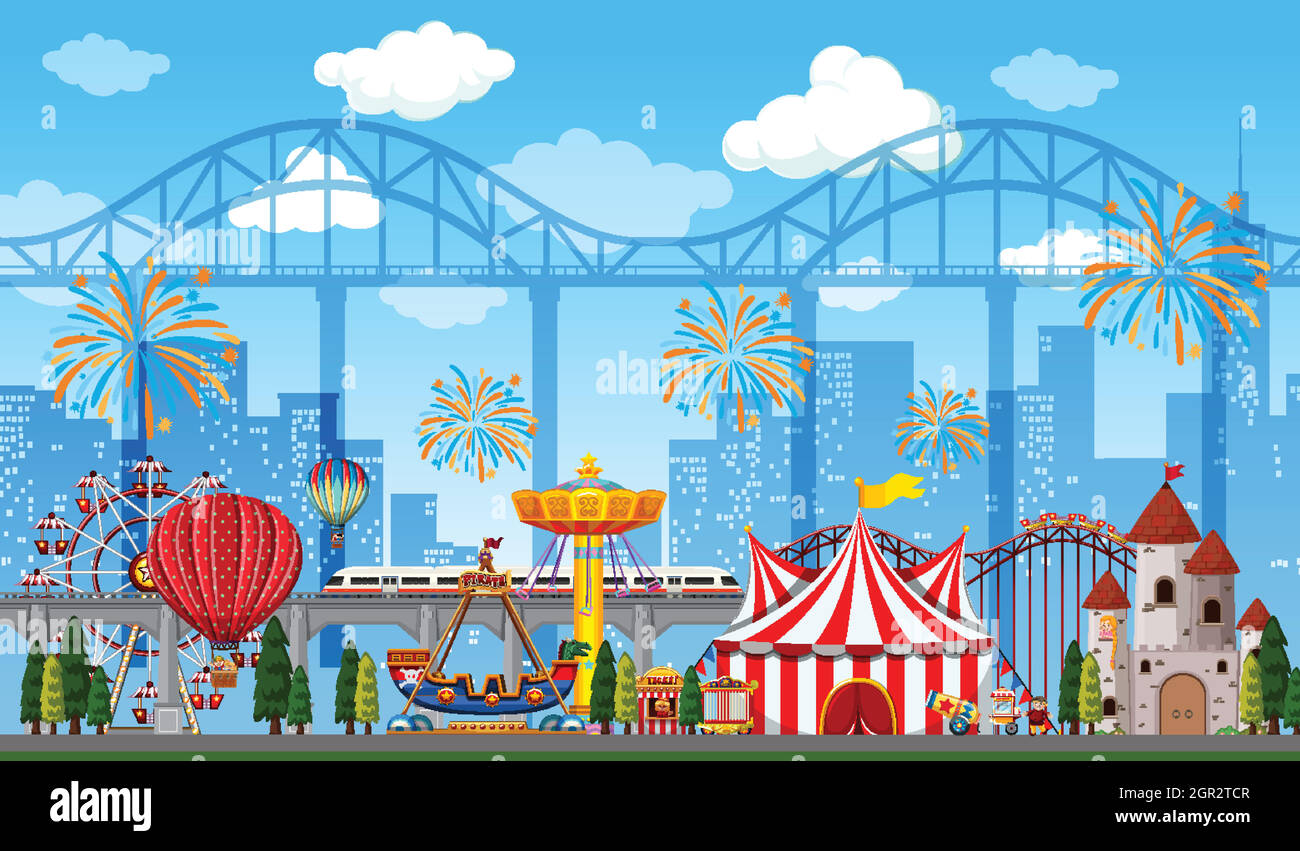 Amusement park scene at daytime with fireworks in the sky Stock Vector ...