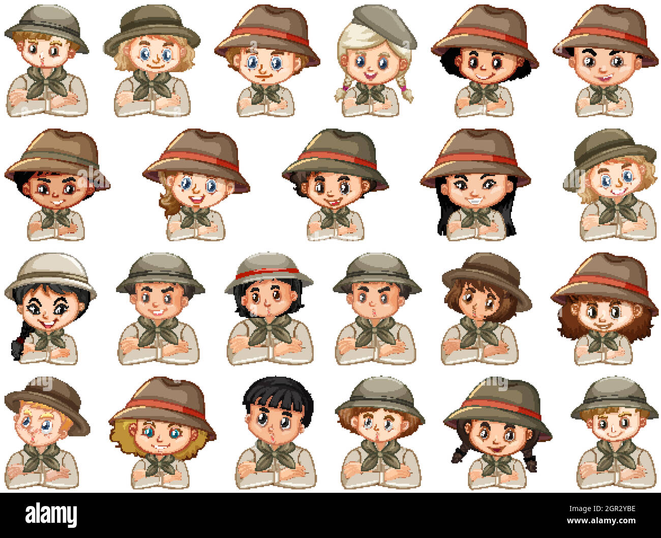 Set of different characters of boys and girls scout costume on a white ...