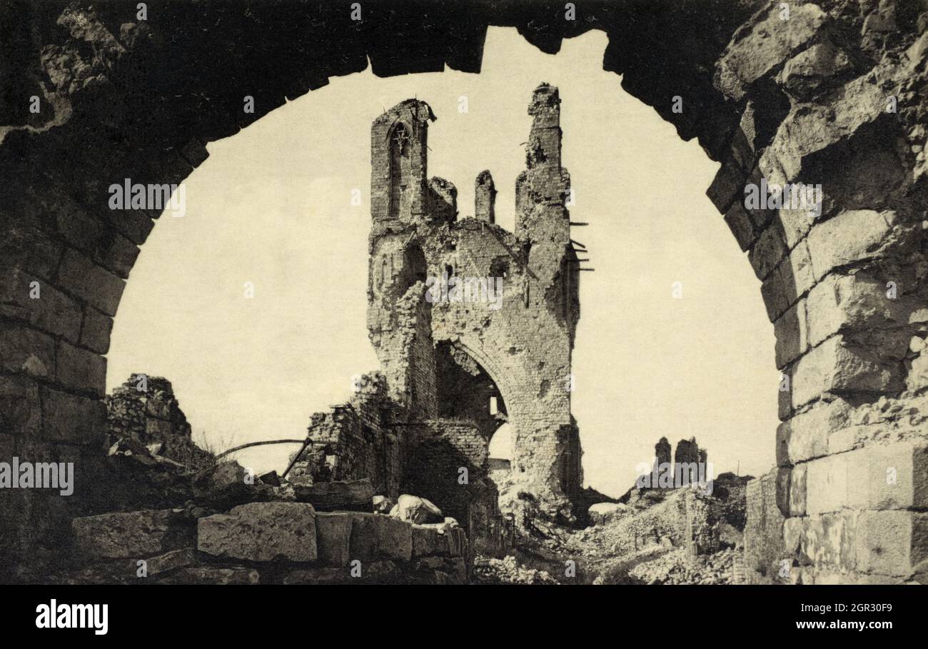 A historical view of the devistated belfrey tower of Ypres Cathedral ...