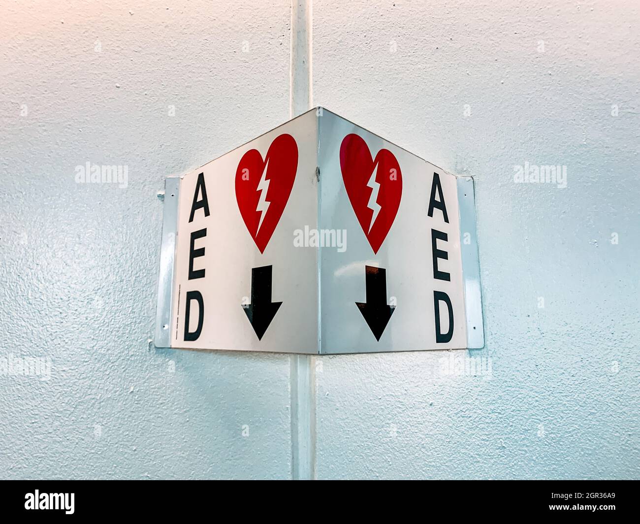 Closeup shot of automated external defibrillator sign on a wall Stock ...