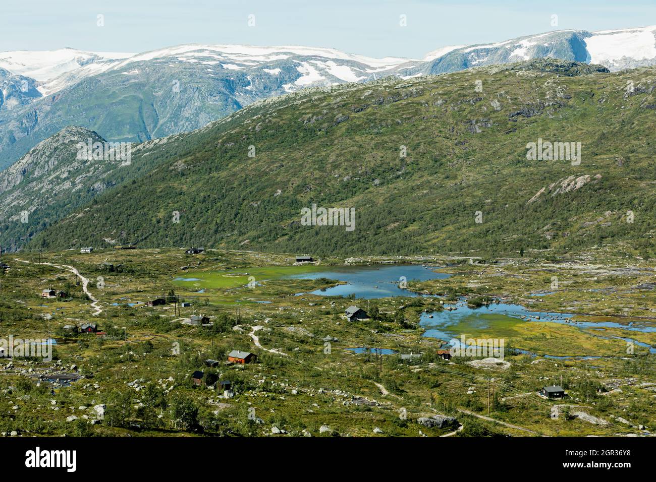 Mountain landscape with a village in the valley, Vestland county ...